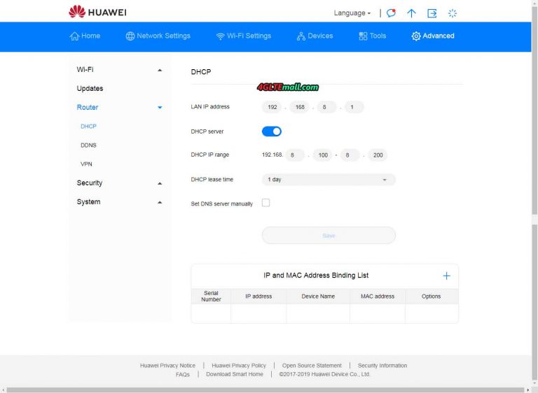 Huawei 5G CPE Pro Web UI Setting Options – 4G LTE Mall