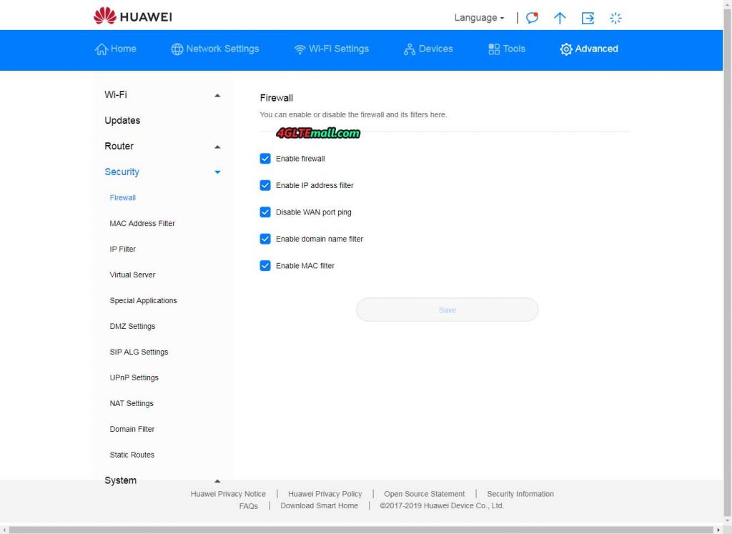Huawei 5G CPE Pro Web UI Setting Options – 4G LTE Mall
