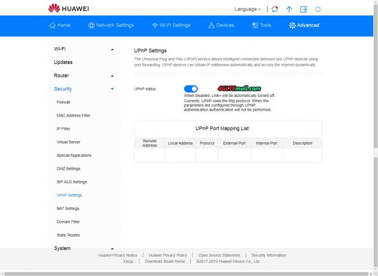 Huawei 5G CPE Pro Web UI Setting Options – 4G LTE Mall