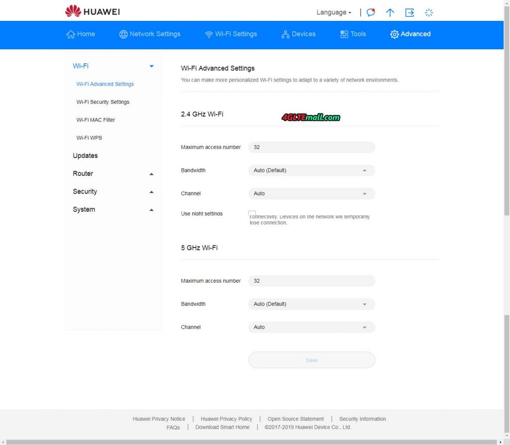 Huawei 5G CPE Pro Web UI Setting Options – 4G LTE Mall