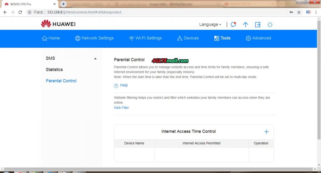 Huawei 5G CPE Pro Web UI Setting Options – 4G LTE Mall