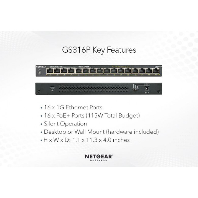 NETGEAR GS316P 16-Port Gigabit Ethernet Unmanaged PoE+ Switch with FlexPoE